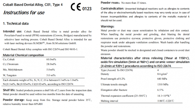 Laser Sintering Material 3D Printer Metal Powder CoCr Chrome